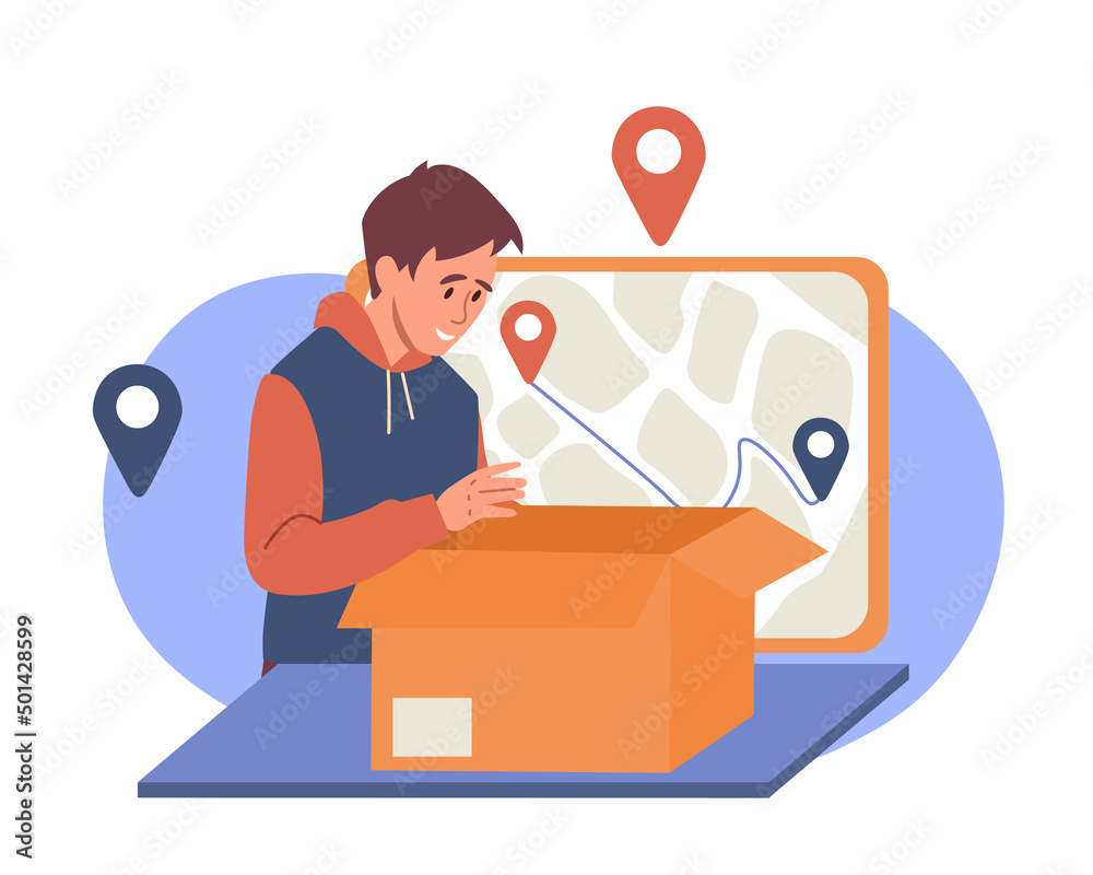 Unpacking paper box concept. Young smiling man opens parcel with orders ...