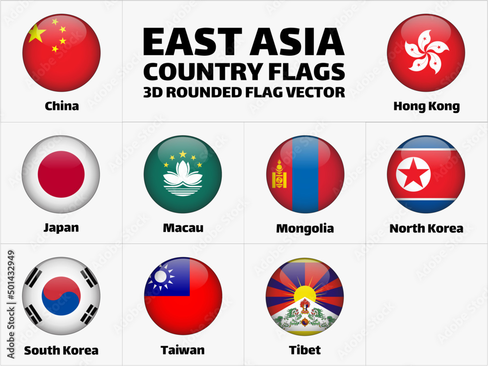 East Asia Country Flags, 3D Rounded Flag Vector Stock Vector | Adobe Stock