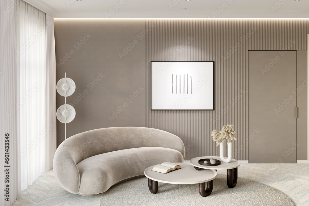 A modern living room in beige tones with a backlit horizontal poster ...