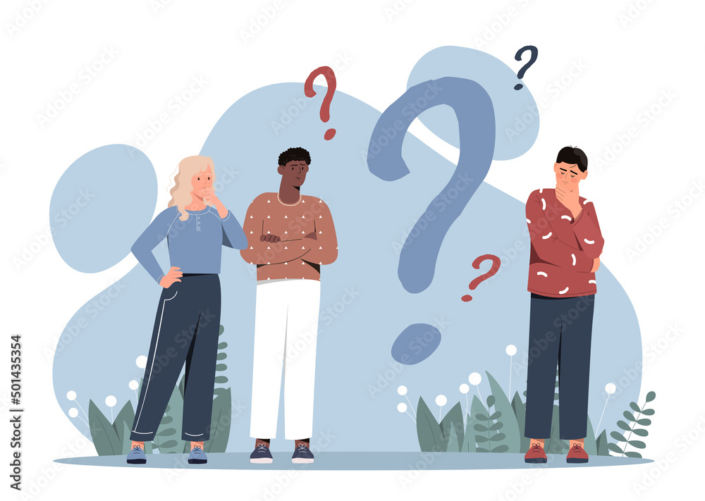 Problem solving concept. Young male and female employees of company ask ...