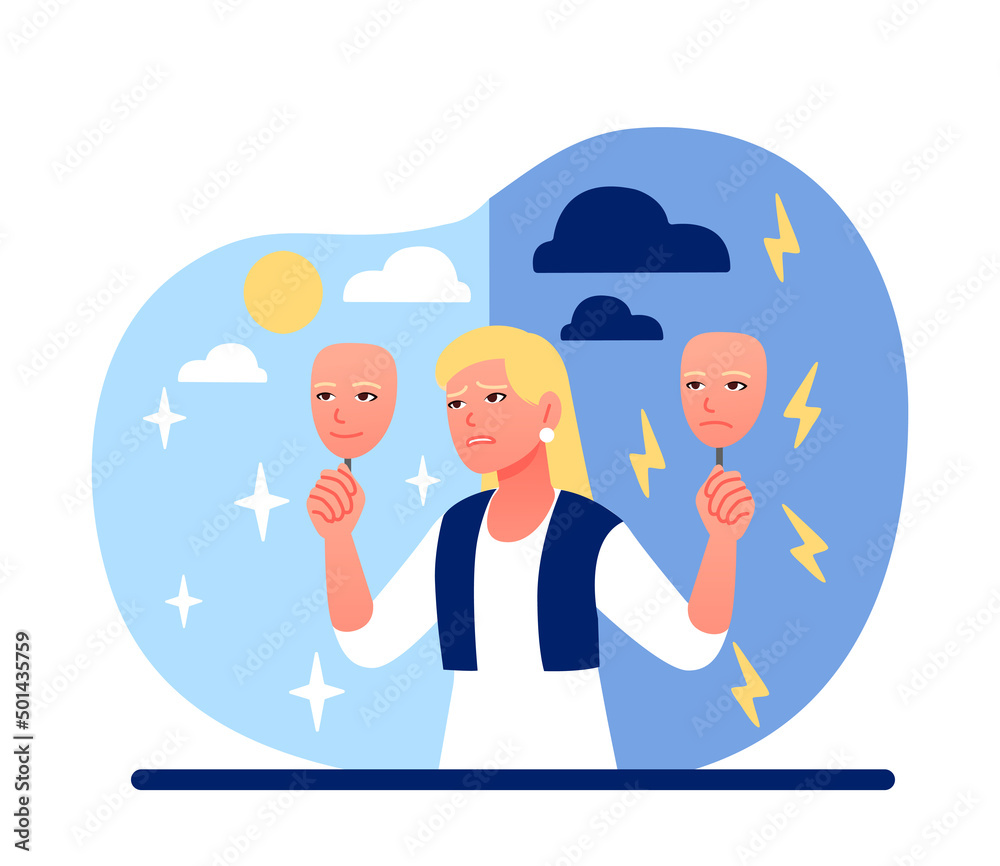 Bipolar disorder concept. Young woman with psychological or mental ...