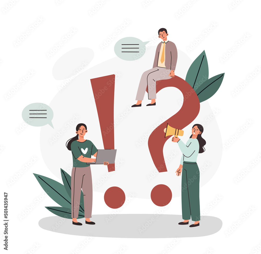Frequently asked questions. Male and female entrepreneurs stand next to question and exclamation ...