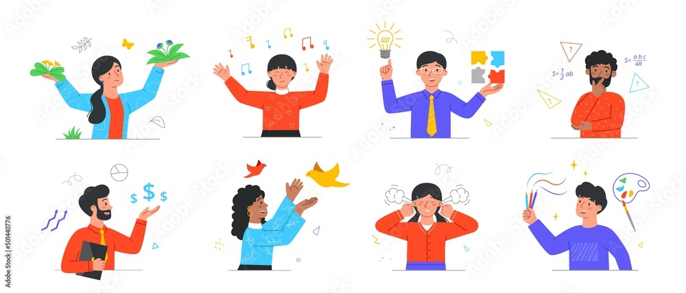 Set of people with different thoughts and feelings. Happy, sad and ...