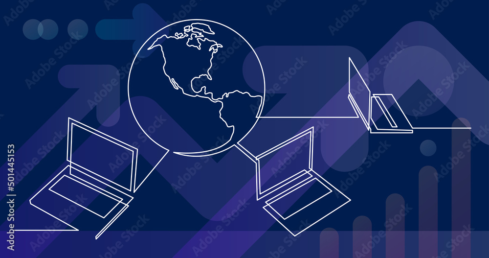 continuous line drawing of laptop computers connected to the world ...
