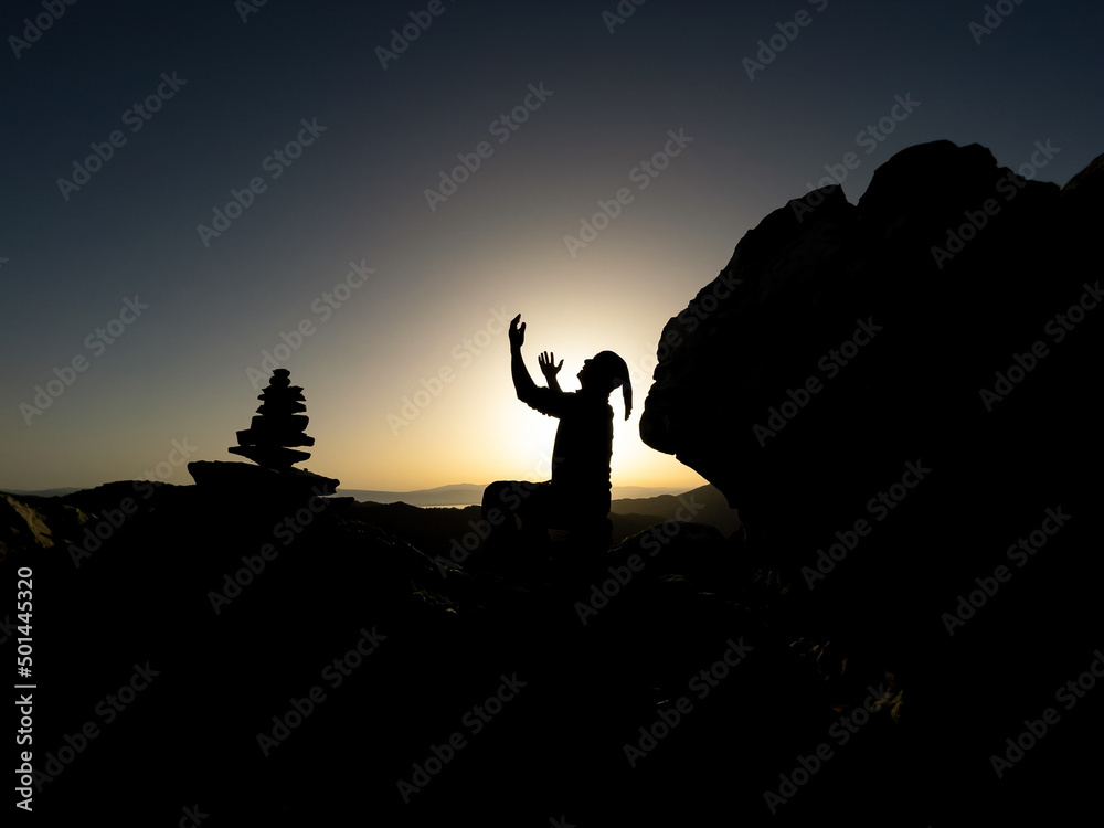 begging, prayer, worship, request and therapy session in nature Stock ...