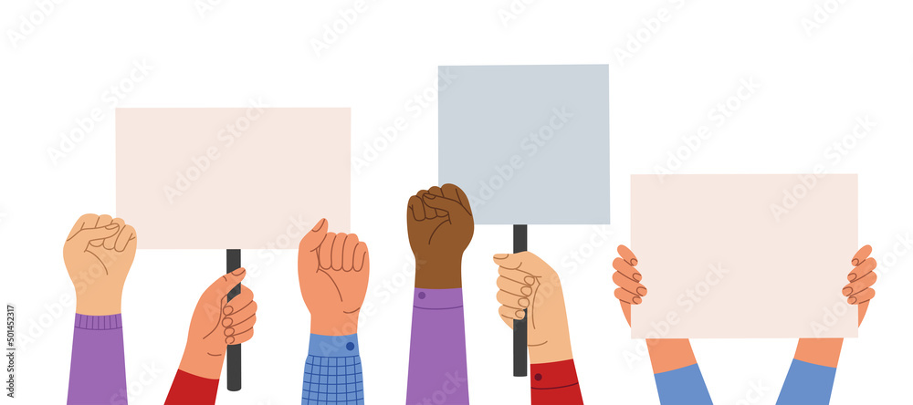 Three human hands different nationalities raised with clenched fists ...