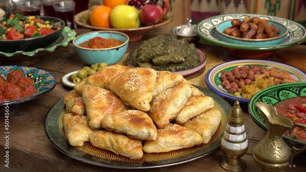 Eid mubarak. Traditional Middle Eastern cuisine, evening meal. Ramadan ...