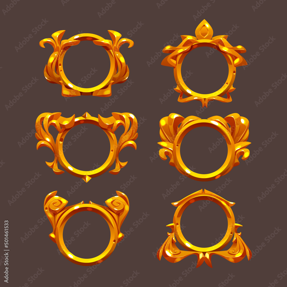 Vetor de Round ui game frames, gold textured circles with curve ornate ...