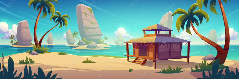Beach hut or bungalow on tropical beach. Island resort with shack ...