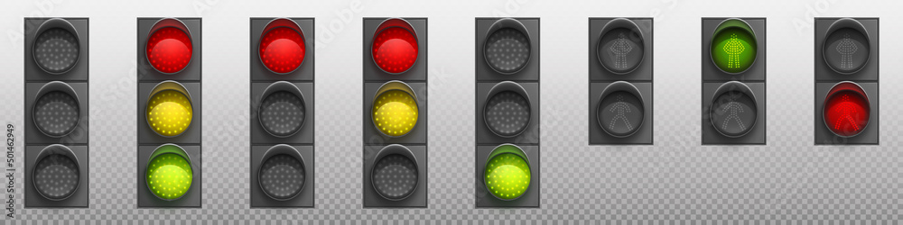 Traffic lights with red, yellow and green led lamps. Road semaphore ...