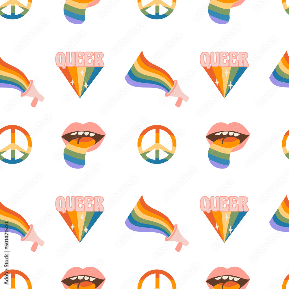 Seamless pattern with rainbow colored peace sign, loudspeaker and queer ...