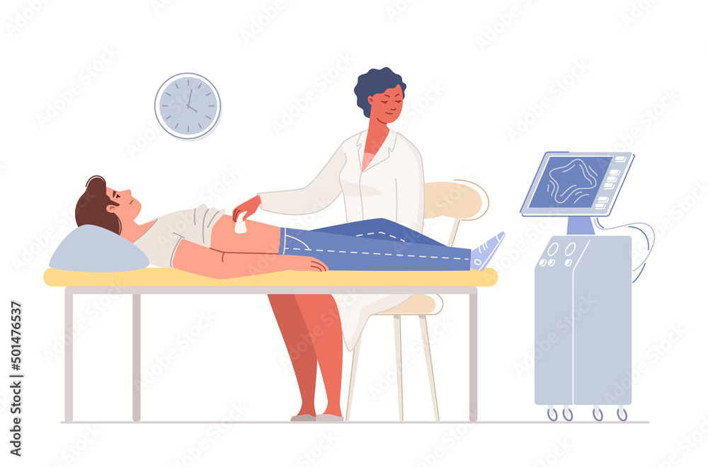 Concept of healthcare. Scene of ultrasound diagnosis, medical ...