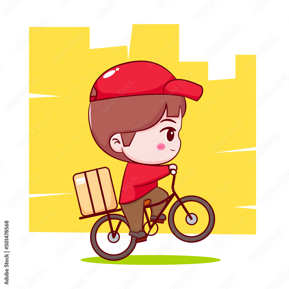 Cute cartoon of delivery man riding bicycle. Hand drawn chibi character isolated background ...