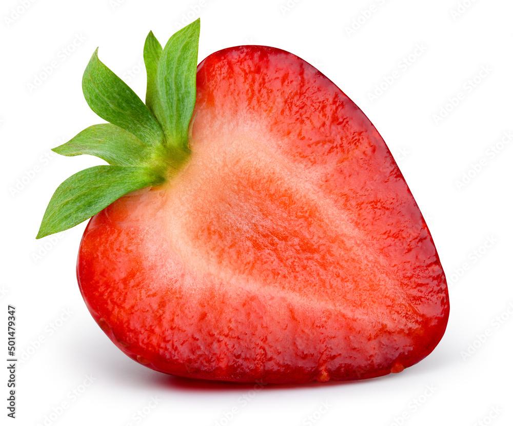 Strawberry half isolated. Cut strawberry with leaf on white background ...