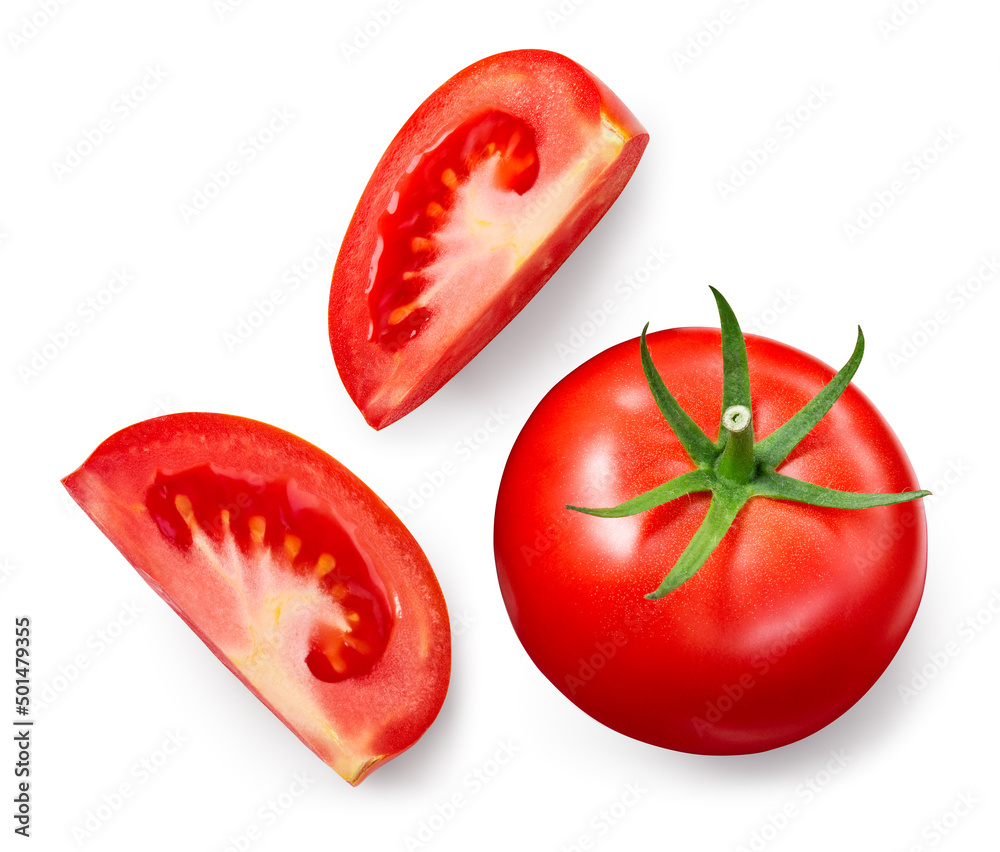 Tomato top view on white background. Tomato whole and slices isolated ...