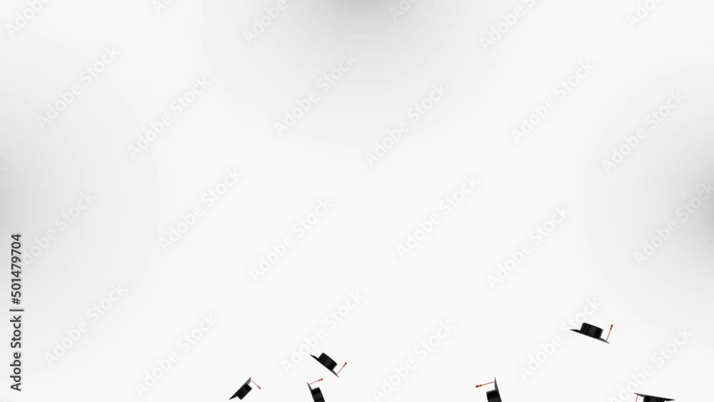 3D 4K animation of a graduation hats in the air sky background ...
