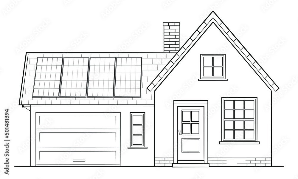 Classic family house with solar panel - stock outline illustration of a ...