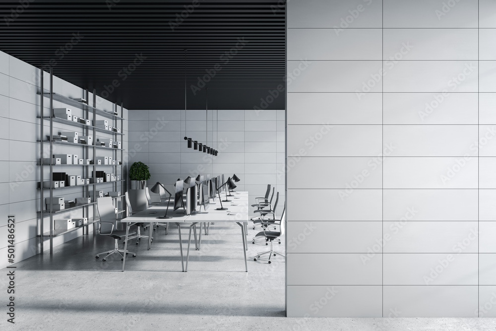 Empty grey ceramic tiles wall in stylish loft interior design co ...