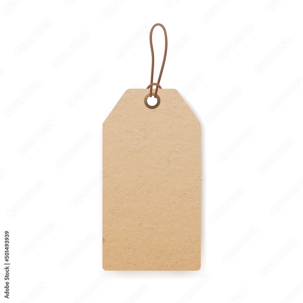 Craft cardboard price tag on cord. Blank kraft paper label hanging on ...