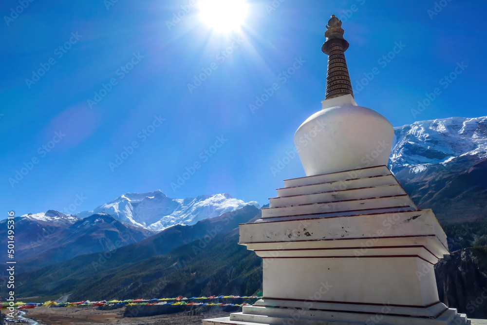 Photo & Art Print A stupa with Annapurna Chain as a backdrop, Annapurna ...