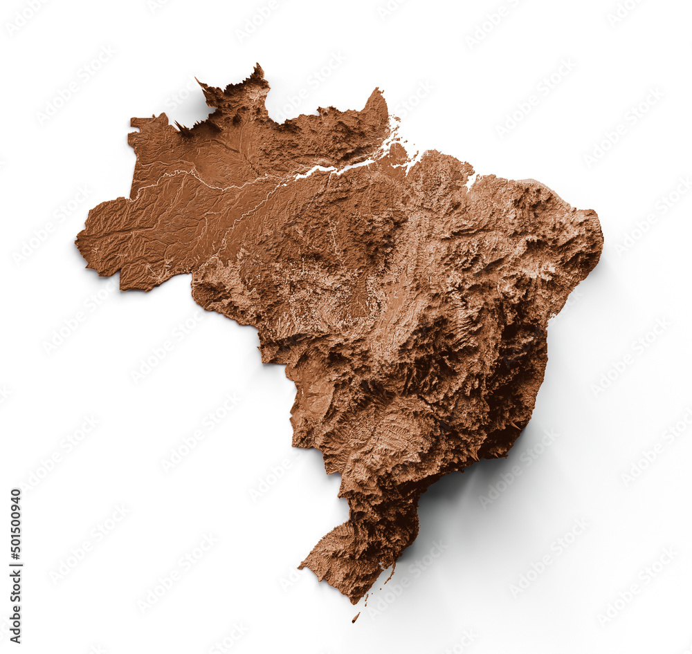 3d render of a topographic model of Brazil map on plain white ...