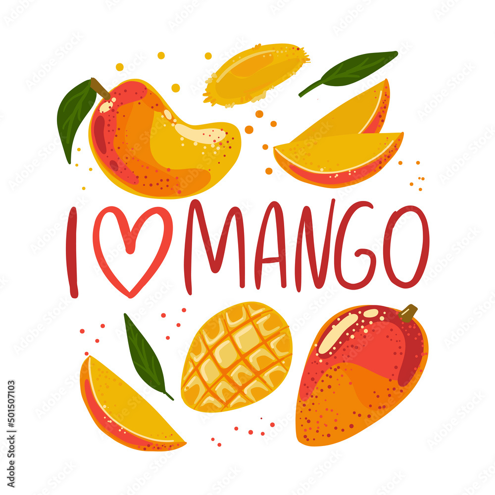 The inscription I love mango. A collection of different types of mango ...