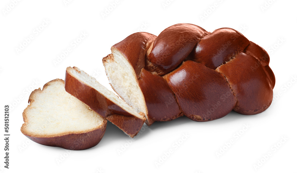 Cut homemade braided bread isolated on white. Traditional Shabbat ...