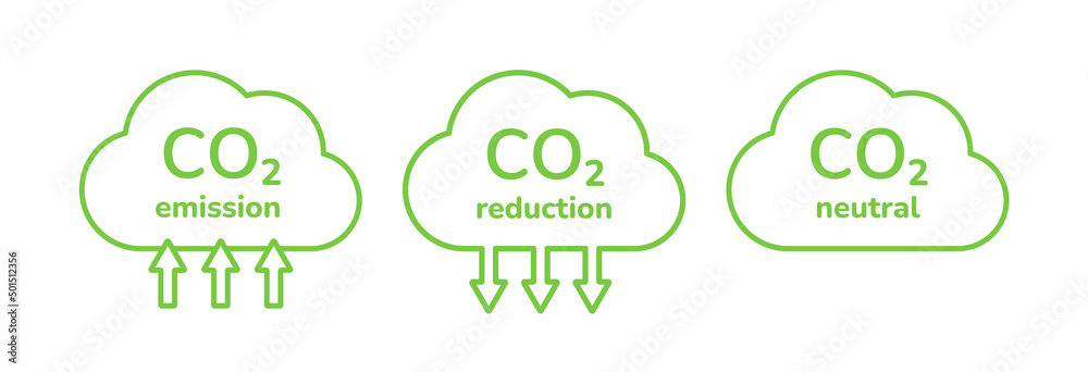 CO2 emission reduction outline icon set. Zero carbon footprint concept ...