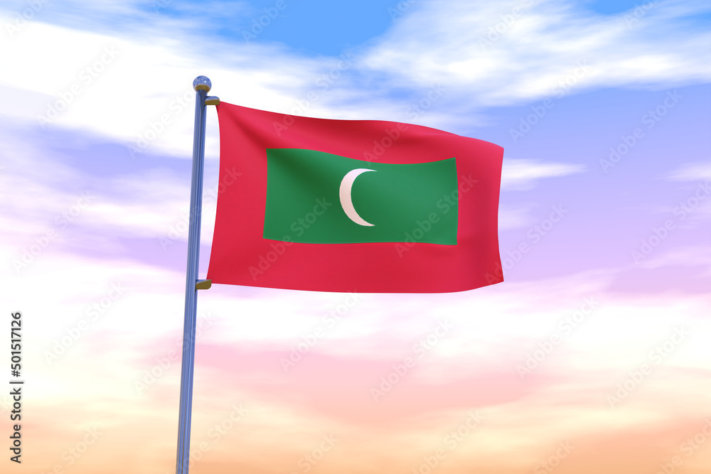 3D illustration of a Waving flag of Maldives in the cloudy sunset sky ...