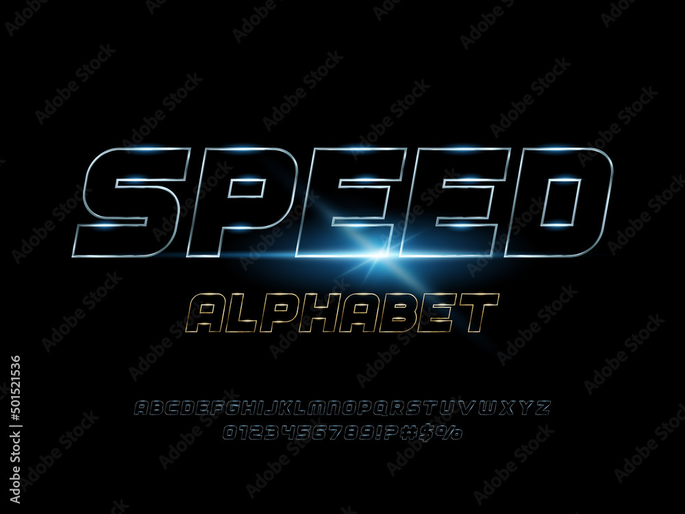 Speed racing style alphabet design with uppercase, numbers and symbol ...