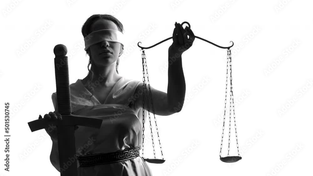 Greek goddess of justice holds sword and raises the scales. White woman ...