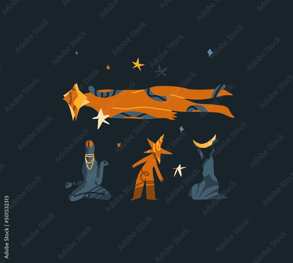 Vetor de Esoteric space meditating woman character with a moon and star ...