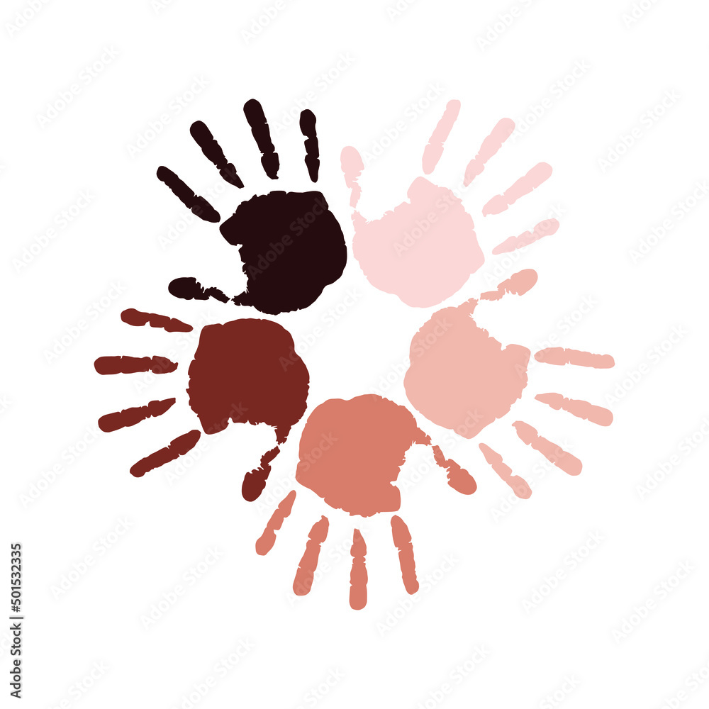Hand prints different tone skin in circle. Symbol racial equality and ...