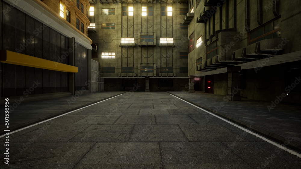 Cyberpunk city street, 3d render Stock Illustration | Adobe Stock