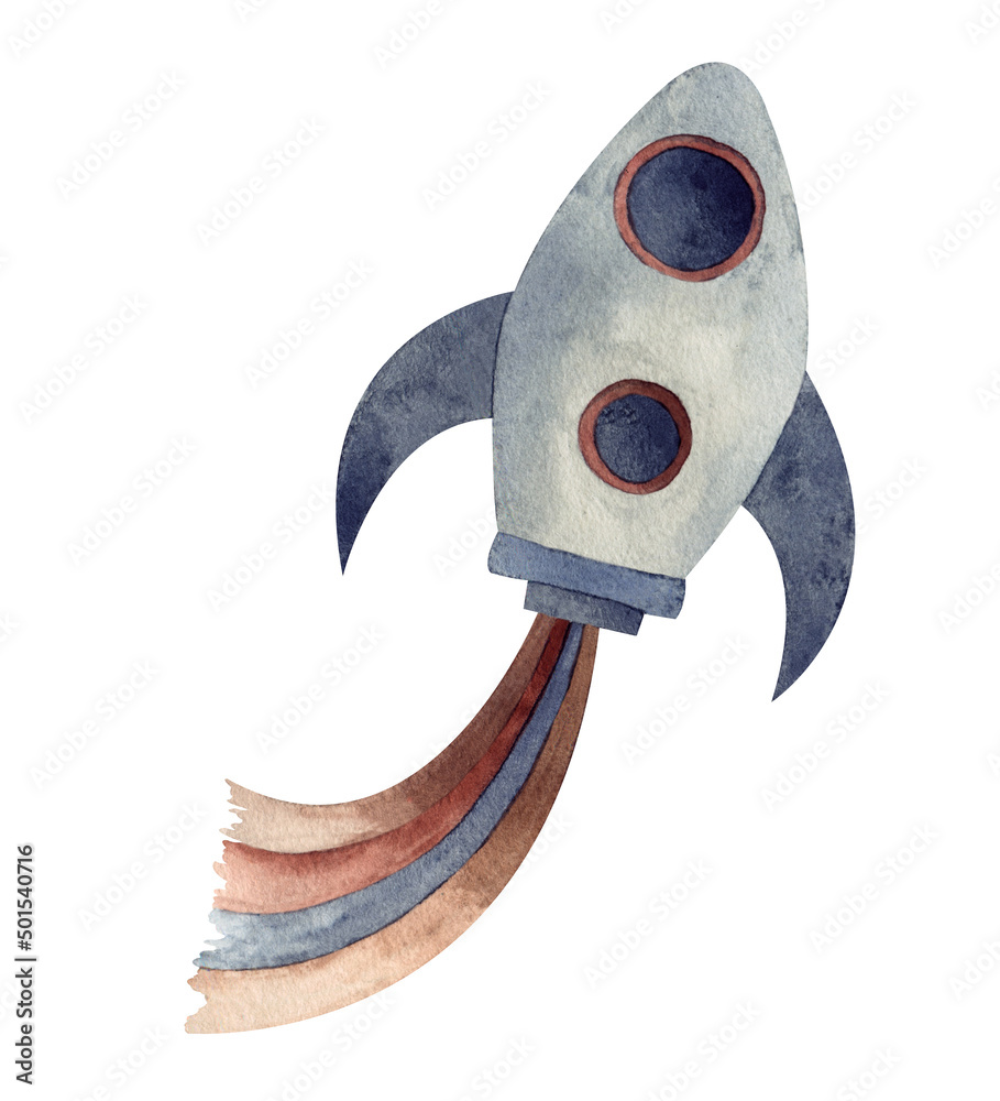 Watercolor illustration. Hand-painted rocket with red blue colors ...