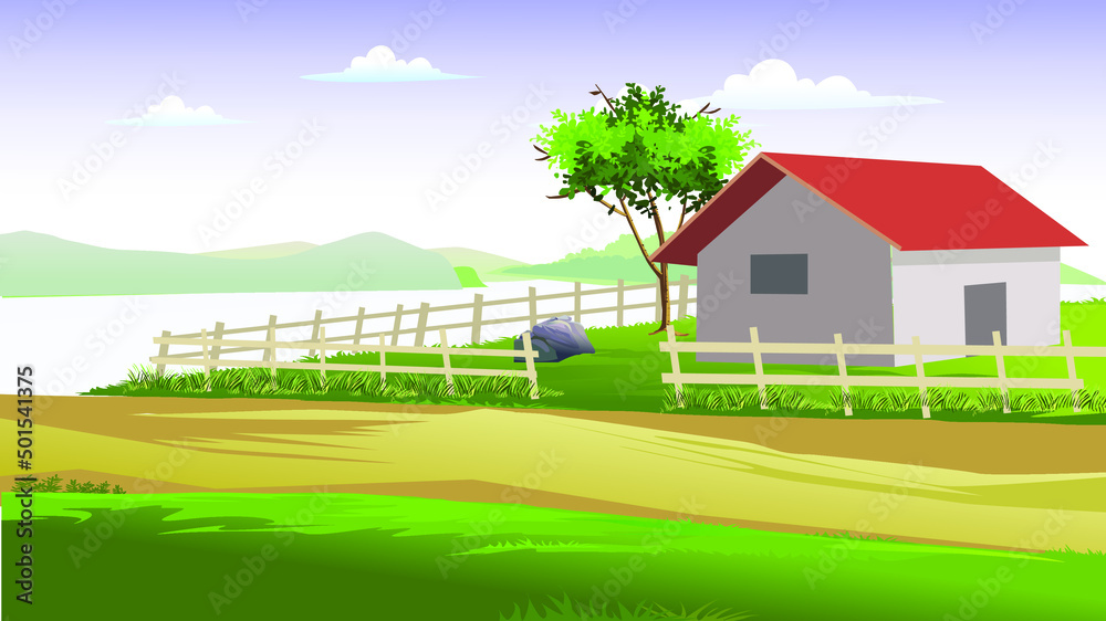 River side farmer house village. with simple wooden strip compound poor ...