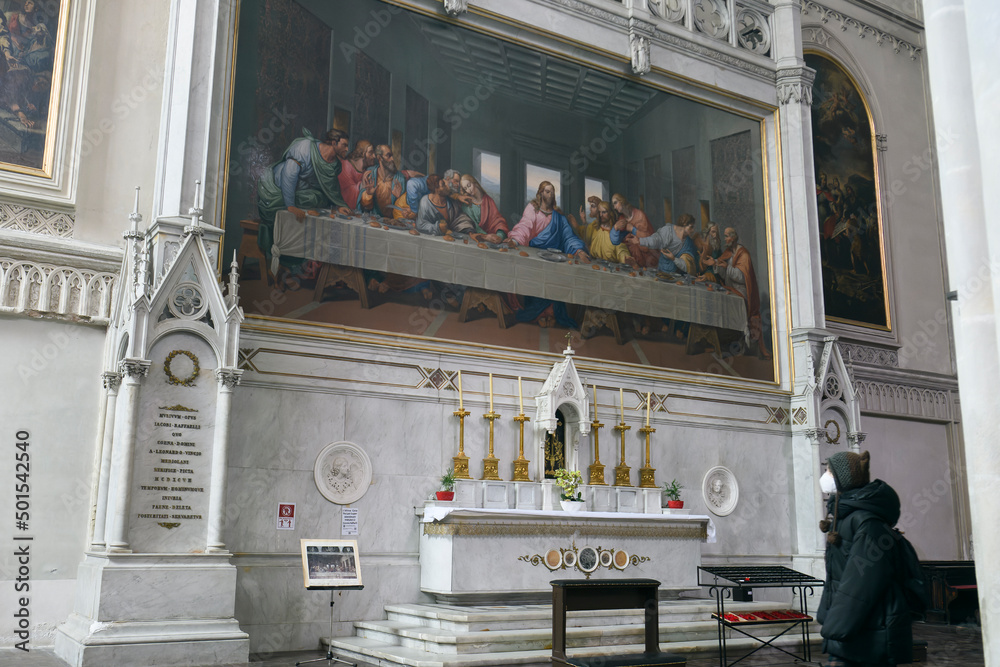 Interior with mosaic copy of famous fresco Last Supper of Leonardo da ...