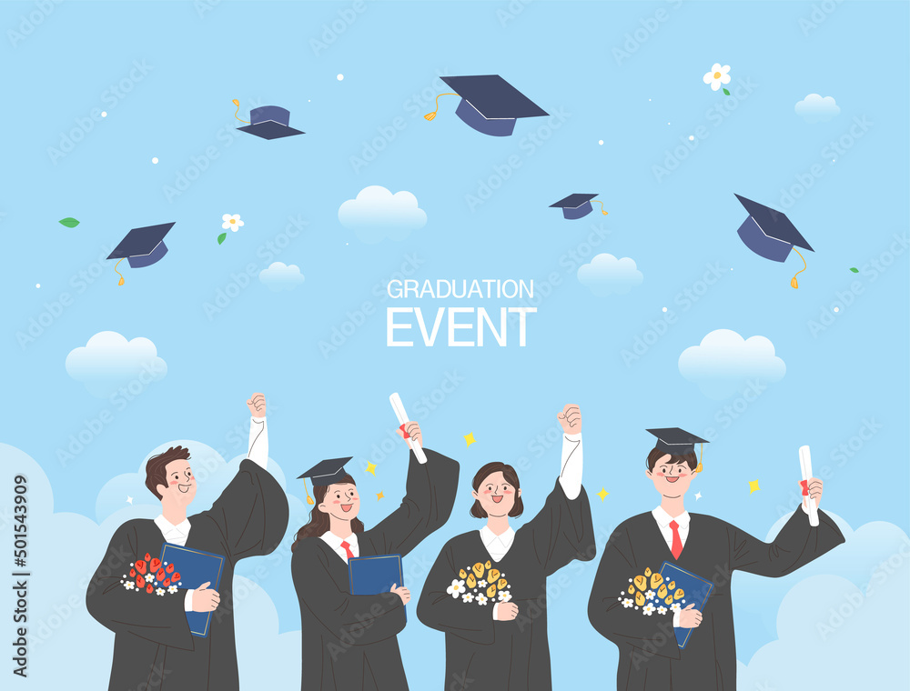 Group of happy graduated students wearing academic dress, gown or robe ...