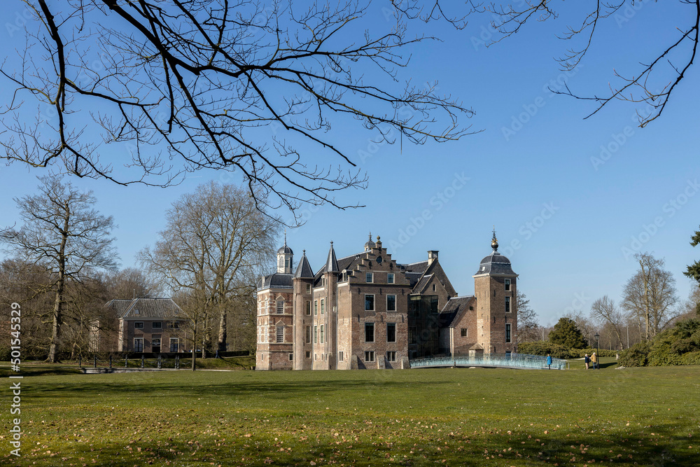 Ruurlo, The Netherlands - March 2022: Clearing meadow with brightly lit ...