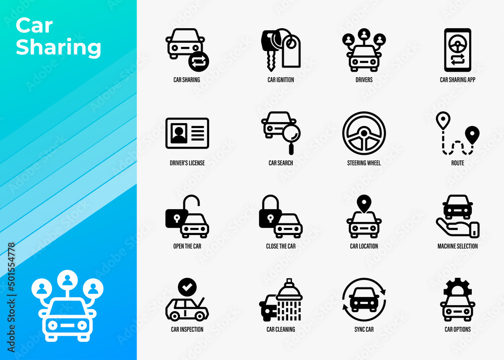 Car sharing set. Mobile app on smartphone, driver license, route, key ...