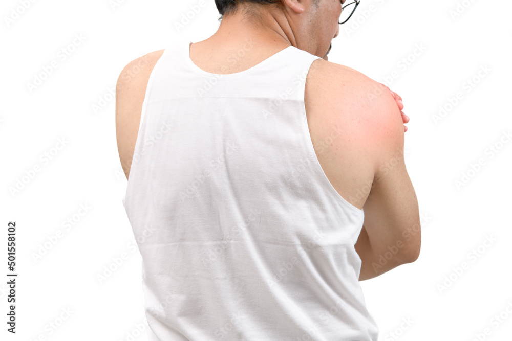 Back side of middle aged man in white vest suffering from arm and ...