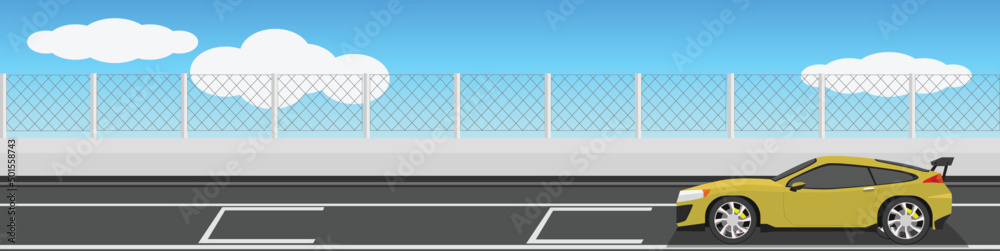 Super car yellow color on race track of for banner. Background of walls ...