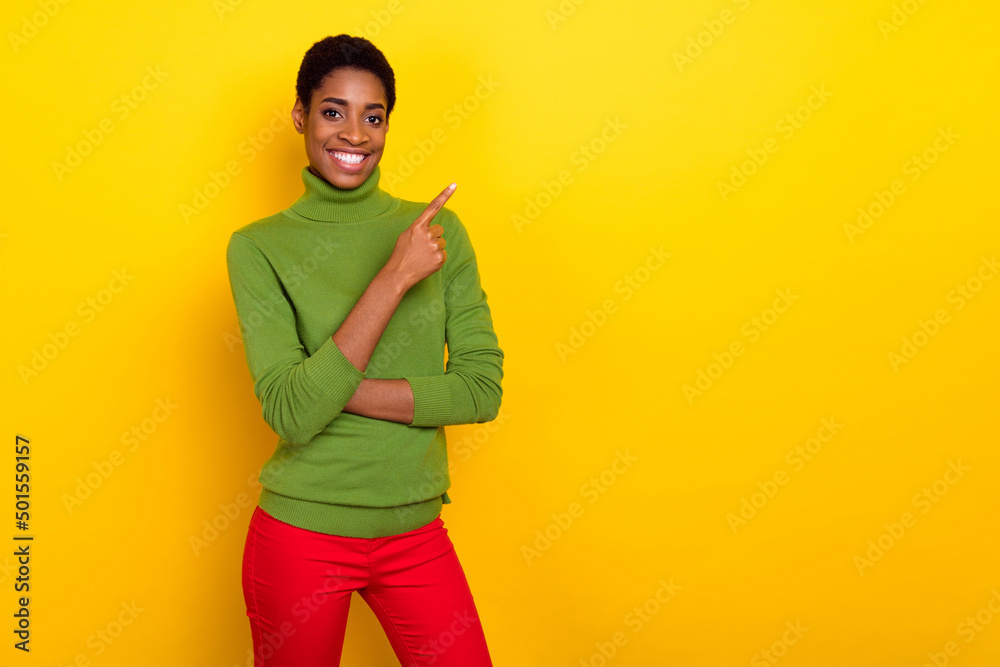 Photo of cute sweet trans woman wear green turtleneck pointing empty ...