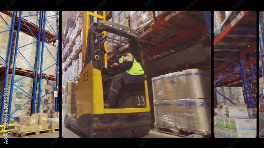 Workflow in a large modern warehouse. Several shots from a modern ...