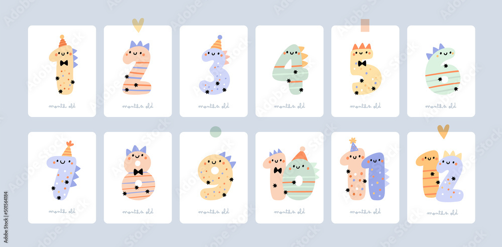 Baby milestone cards with cute smiling numbers for newborn girl or boy ...