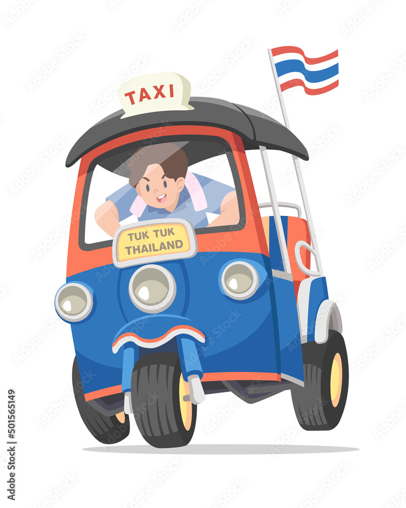 Flat style Thai tuk-tuk taxi driver cartoon illustration Stock Vector ...