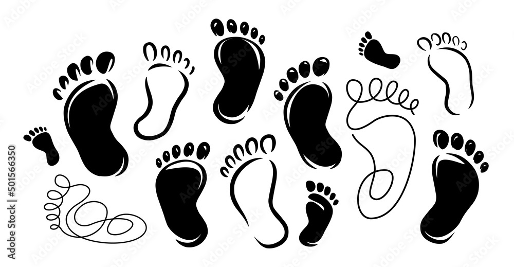 Human footprint icon set. Bare foot print symbol. Black silhouette ...