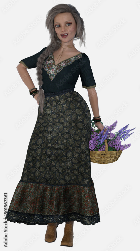 Full length portrait of Sara, a beautiful middle-aged female character ...