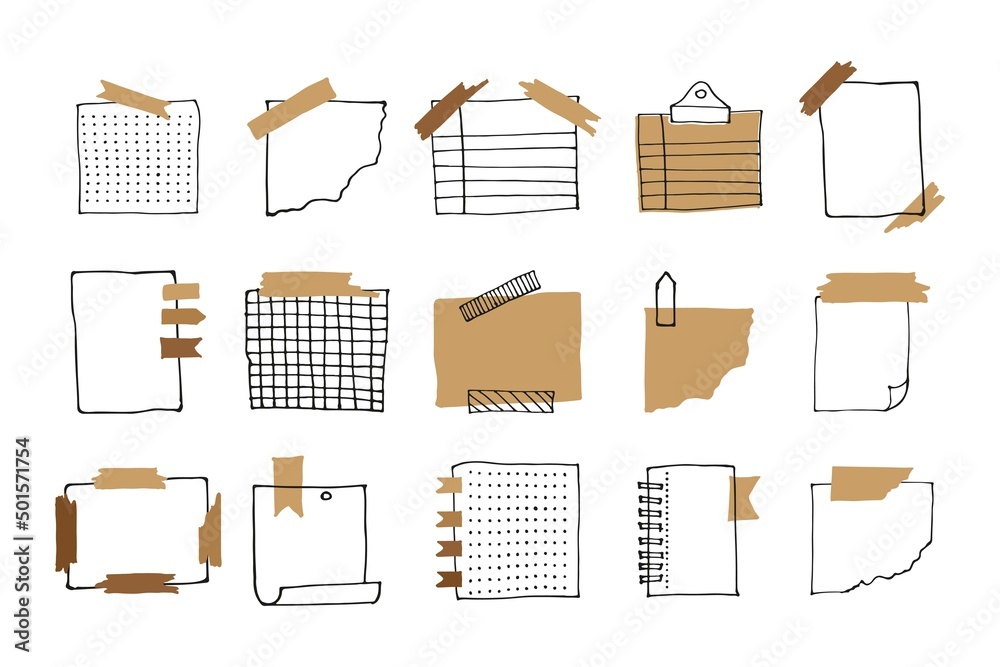 Blank reminder paper notes, planner doodle collection. Vector hand ...
