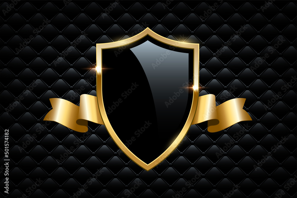 Glass shield with golden frame and ribbon. Gold heraldic emblems vector ...